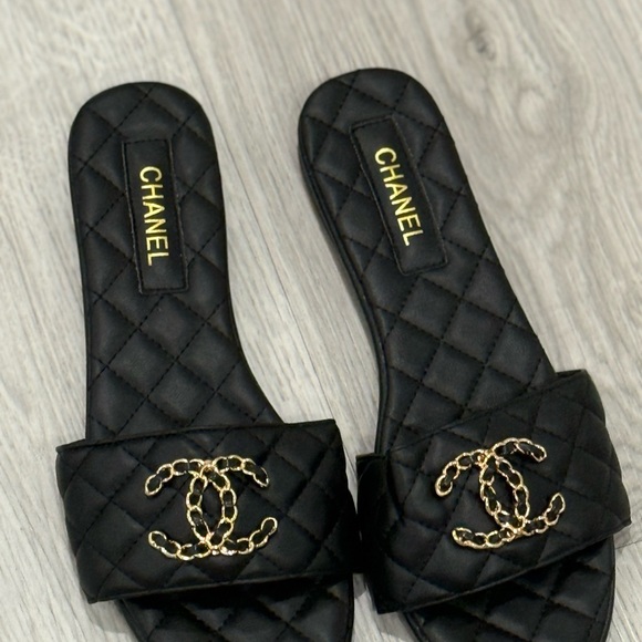 CHANEL | Shoes | Chanel Black Quilted Slides With Gold Accents | Poshmark